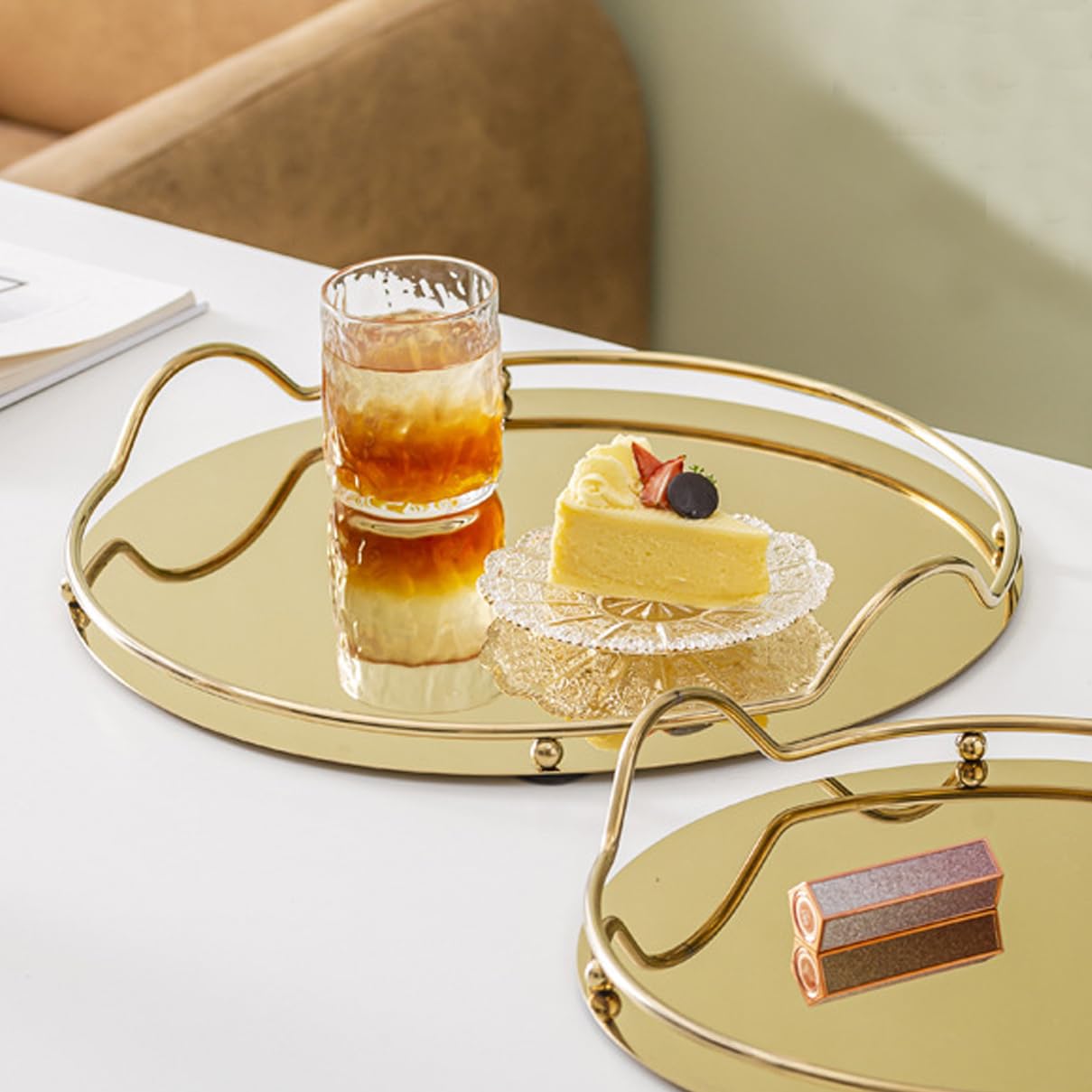 Round Gold-Tone Decorative Tray with Gallery Handles – Momayaz
